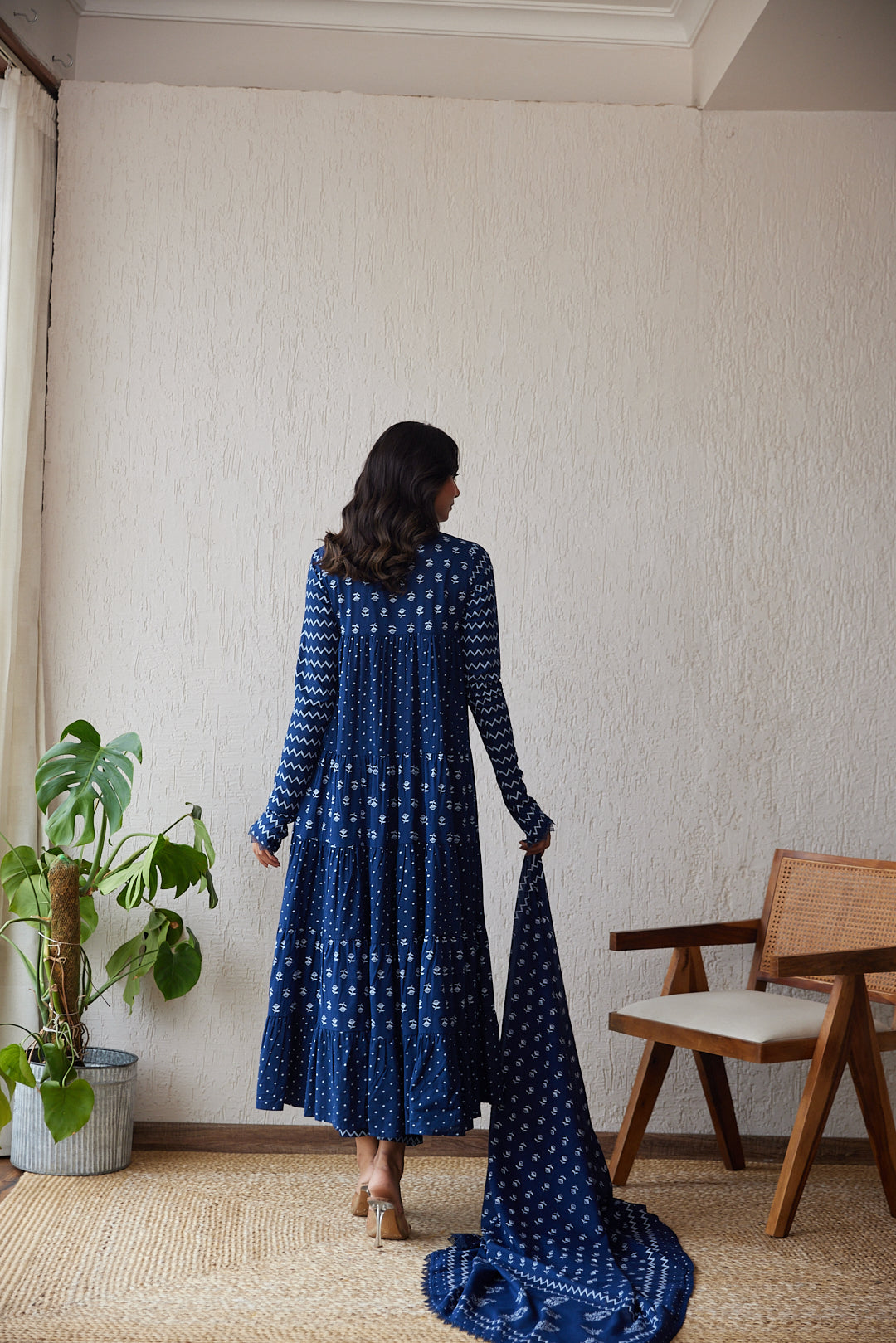 Indigo Khadi print Anarkali Set with Pant & Dupatta – Sand blocks