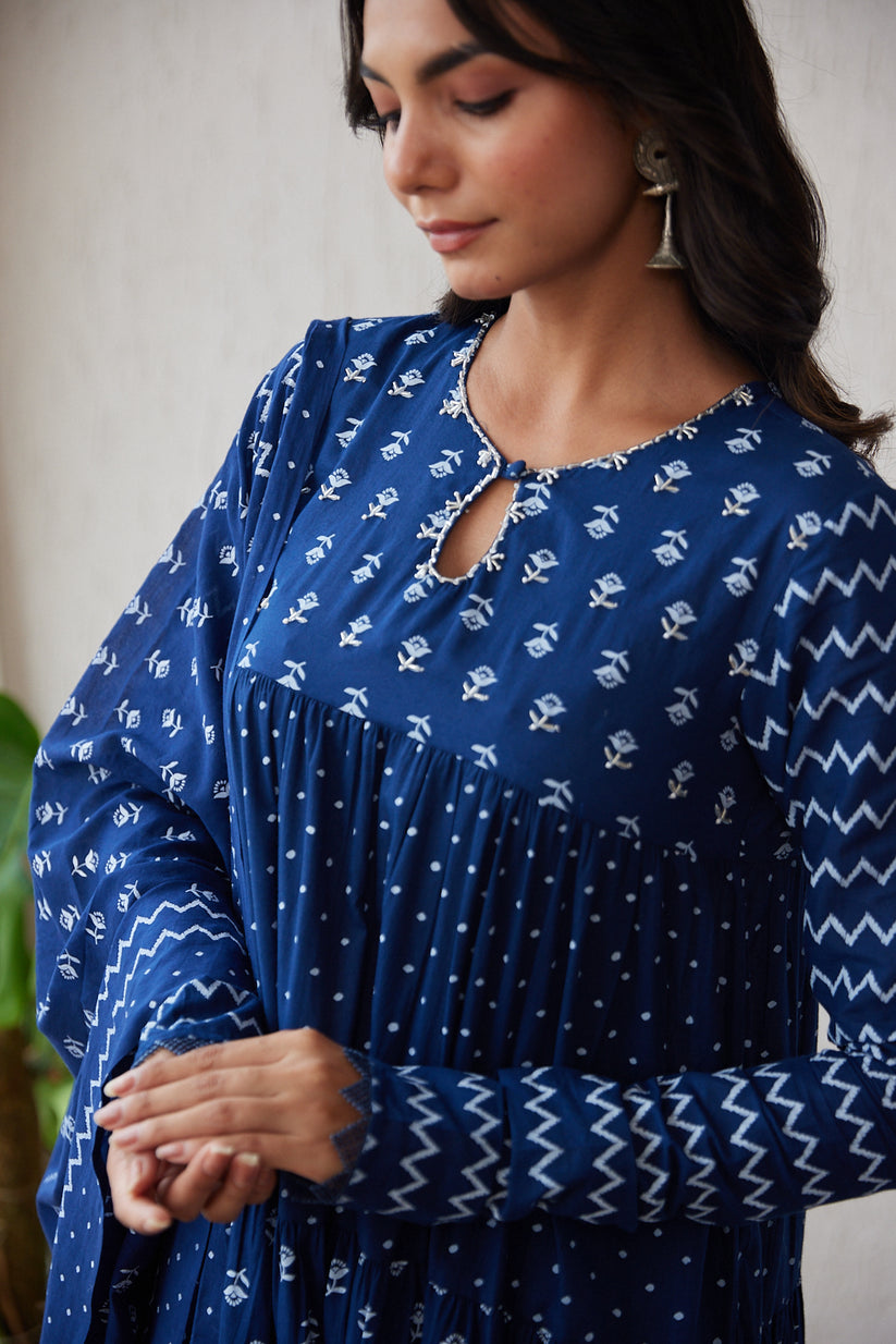 Indigo Khadi print Anarkali Set with Pant & Dupatta – Sand blocks
