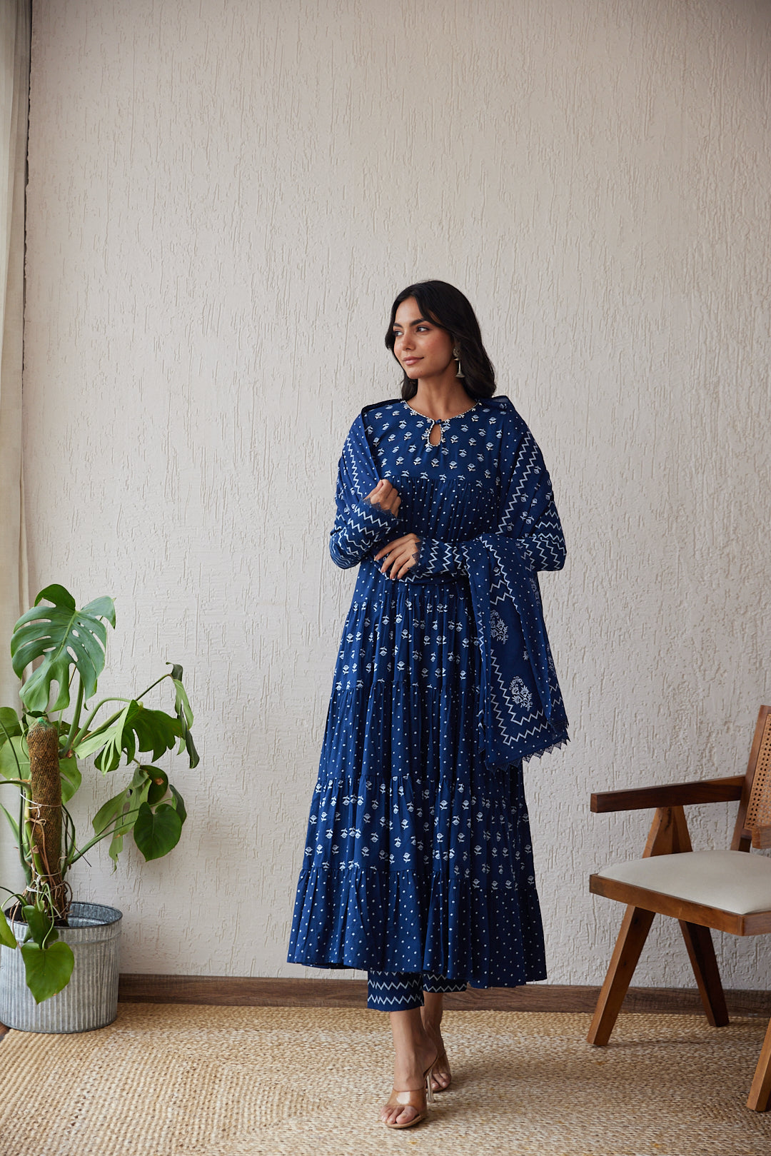 Indigo Khadi print Anarkali Set with Pant & Dupatta – Sand blocks